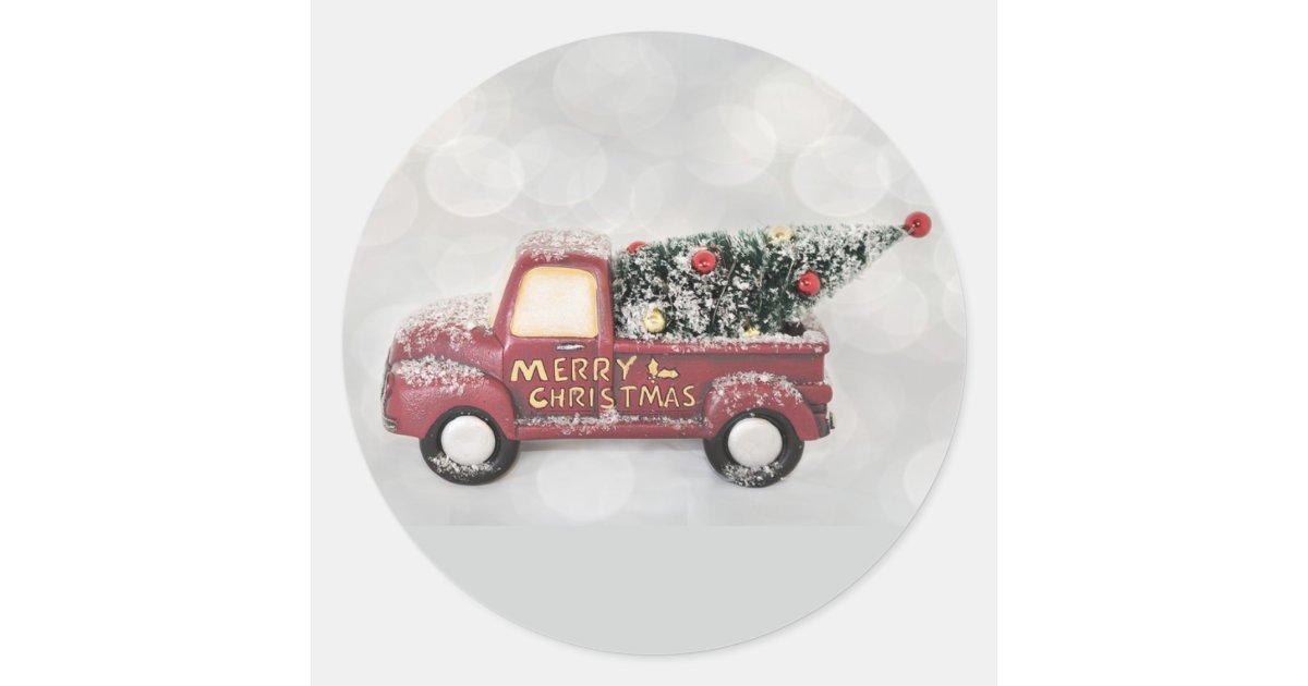 Old Fashioned Red Truck With Christmas Tree Classic Round Sticker | Zazzle
