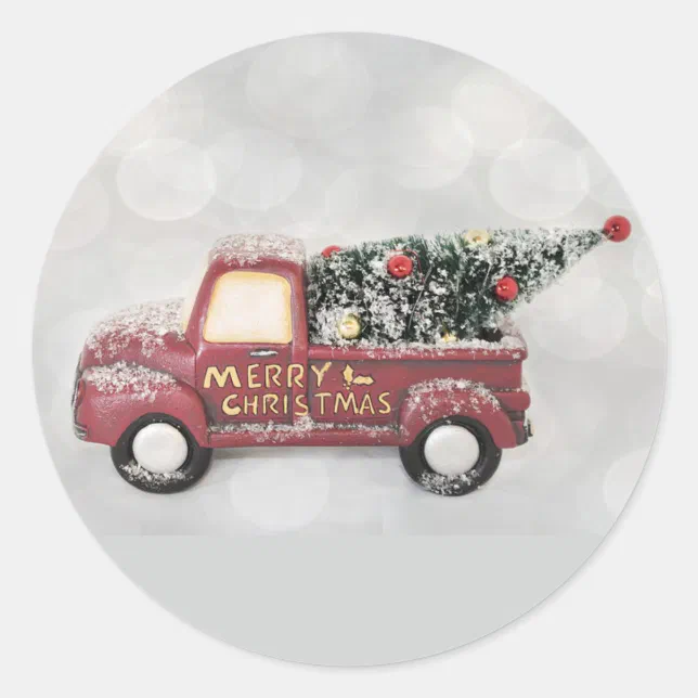 Old Fashioned Red Truck With Christmas Tree Classic Round Sticker | Zazzle