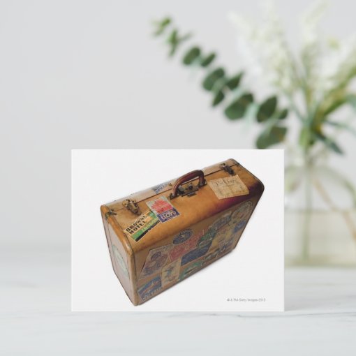 old fashioned suitcase with travel stickers postcard | Zazzle