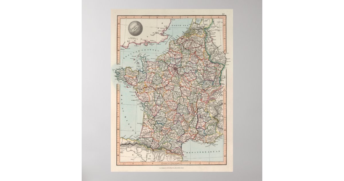 Old France Map (1850) Vintage French Country Atlas Poster | Zazzle
