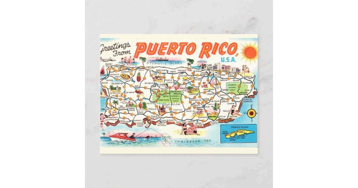 Old Illustrated Puerto Rico Map Postcard | Zazzle