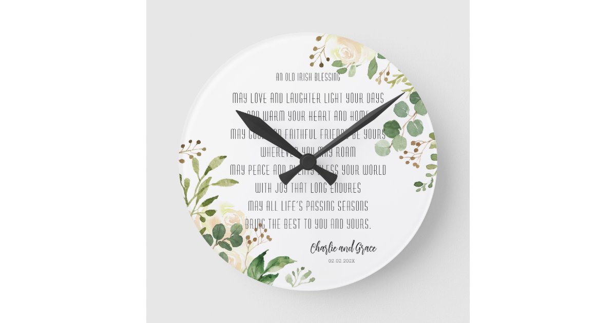 Old Irish Blessing & Wedding Greenery Round Clock | Zazzle