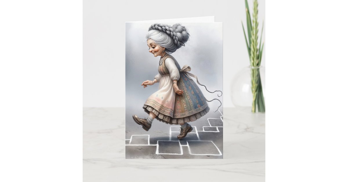 Old Lady On Hopscotch Grid Birthday Card | Zazzle