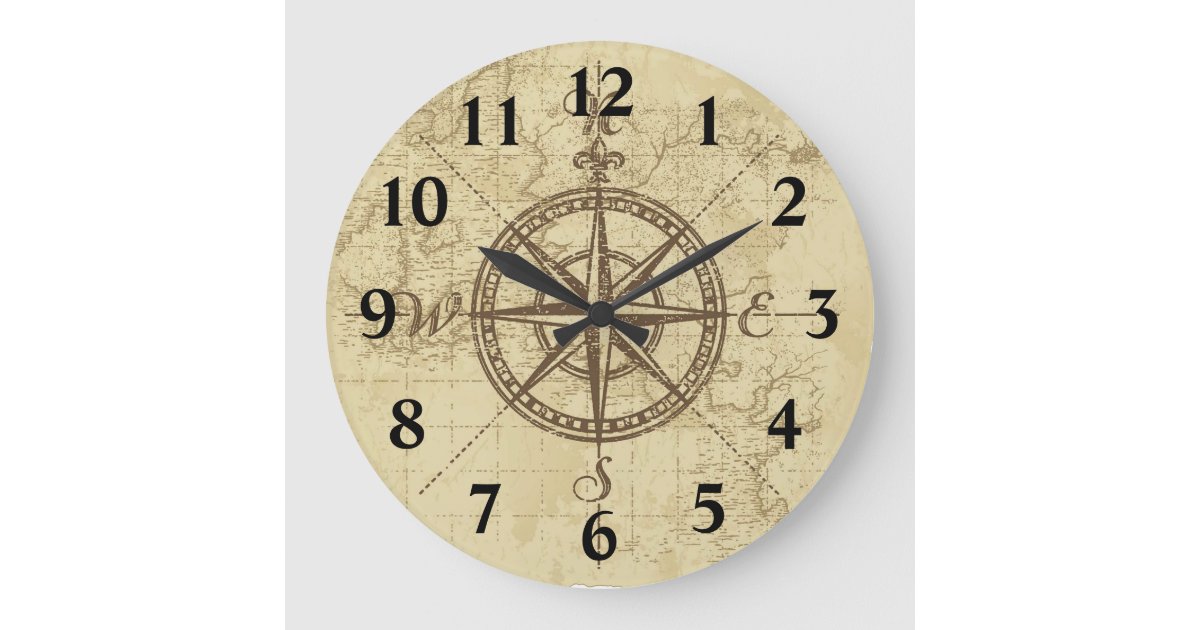 Old Map Compass Large Clock | Zazzle