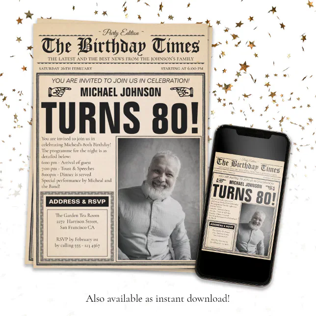 Old Newspaper Fun Custom Photo 80th Birthday Party Invitation | Zazzle