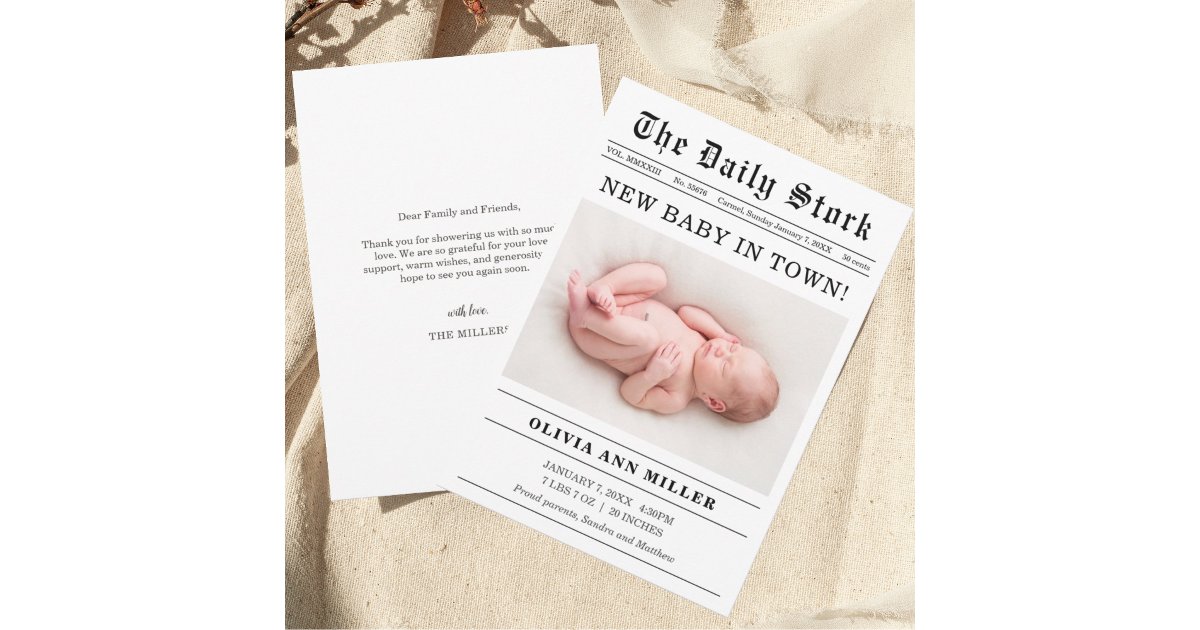 Old Newspaper Style Birth Announcement Card | Zazzle