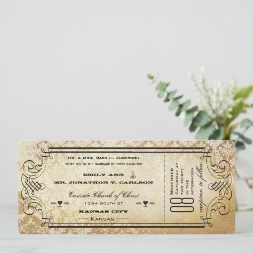 Old Paper Ticket Flourish Typography Wedding Invitation | Zazzle