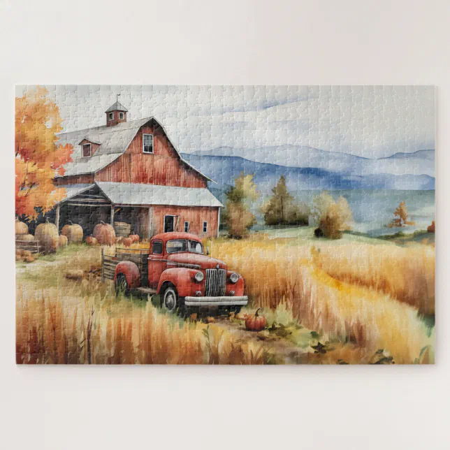 Old Pickup Truck and Red Barn in Autumn 20x30 Jigsaw Puzzle | Zazzle