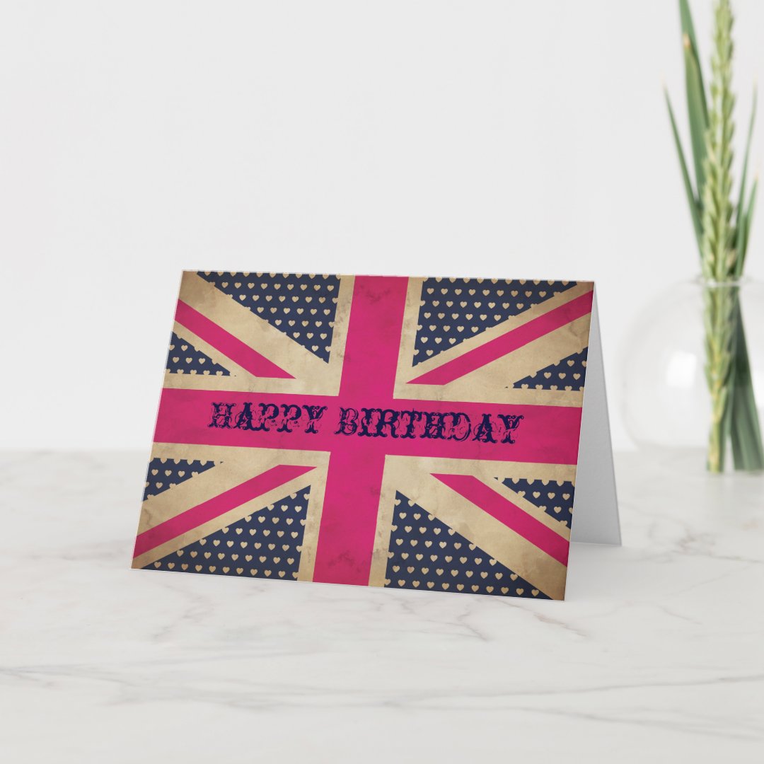 Old Pink Union Jack Flag Happy Birthday Card | Zazzle