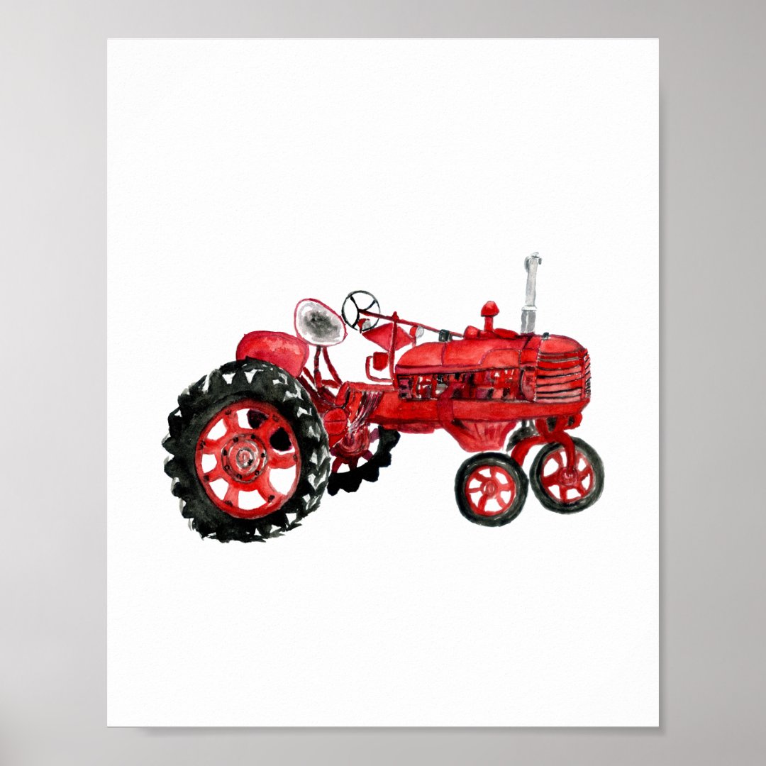 Old red tractor drawing poster | Zazzle