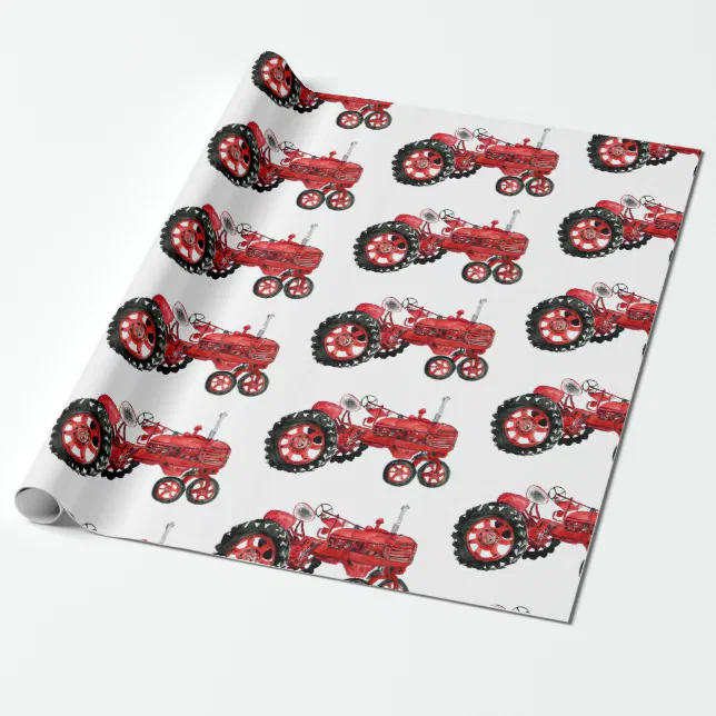 Old red tractor drawing wrapping paper | Zazzle