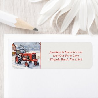 Old Red Tractor Snowy Winter Farm Address Label | Zazzle
