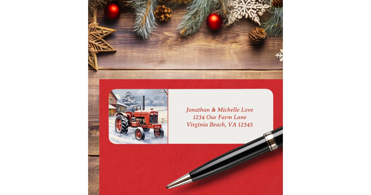 Old Red Tractor Snowy Winter Farm Address Label | Zazzle