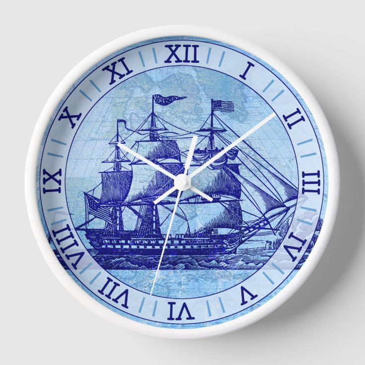 Old Ship and Map Blue Nautical Sailing Wall Clock | Zazzle