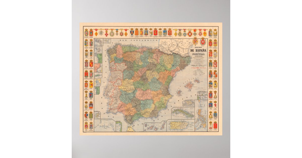 Old Spain Map (1892) Vintage Spanish Family Crests Poster | Zazzle