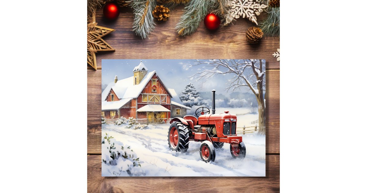 Old Tractor and Barn Snowy Winter Farm Christmas Holiday Card | Zazzle