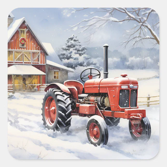 Old Tractor and Barn Snowy Winter Farm Christmas Square Sticker | Zazzle
