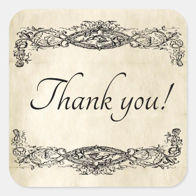 Old Vintage Scroll Work Parchment Thank you Square Sticker | Zazzle
