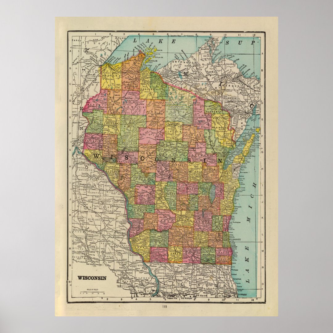 Old Wisconsin Map (1909) Vintage Badger State Poster | Zazzle