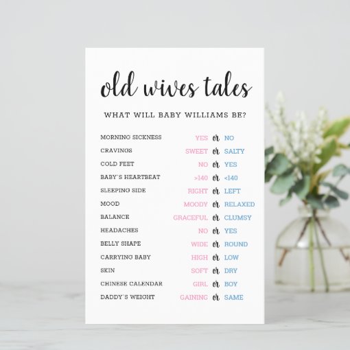 Old Wives Tales Gender Reveal Baby Shower Game | Zazzle