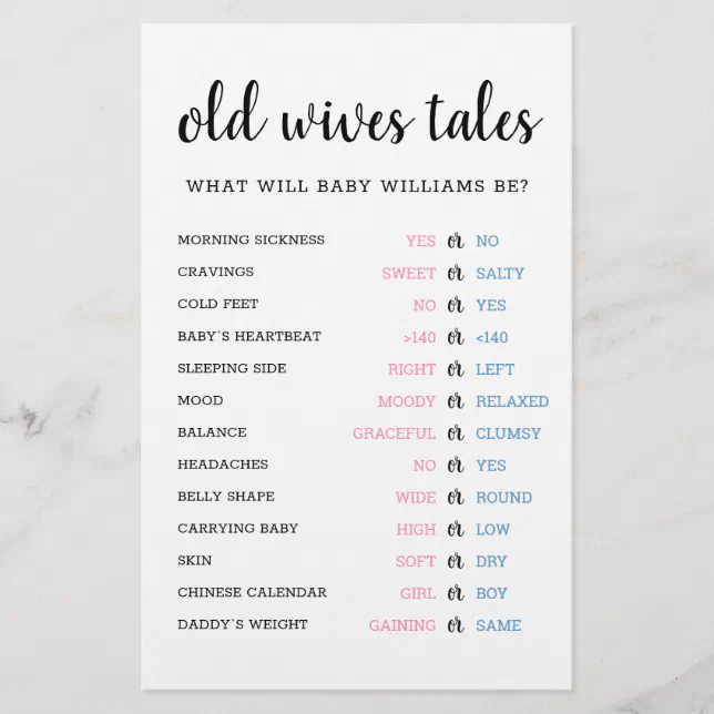 Old Wives Tales Gender Reveal Baby Shower Game | Zazzle