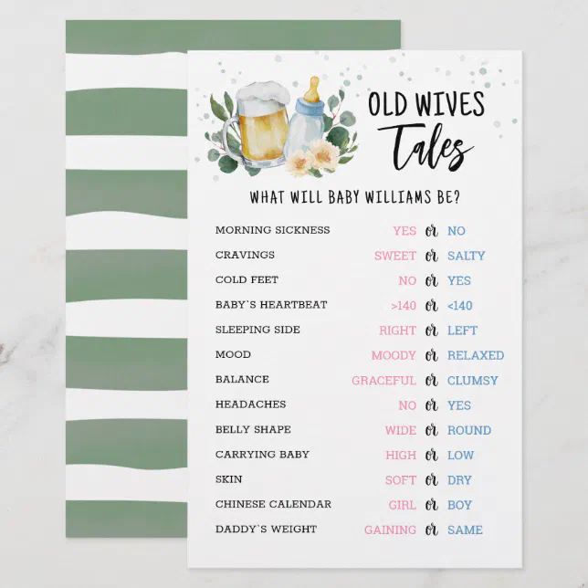Old Wives Tales Gender Reveal Baby Shower Game | Zazzle