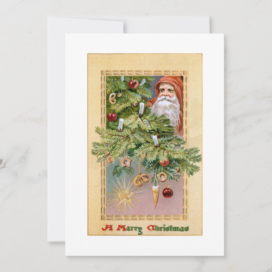 Old World Father Christmas and Decorated Tree Holiday Card | Zazzle