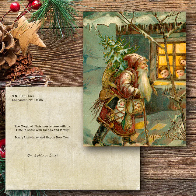 Old World Father Christmas in Snow with Gifts Holiday Postcard | Zazzle