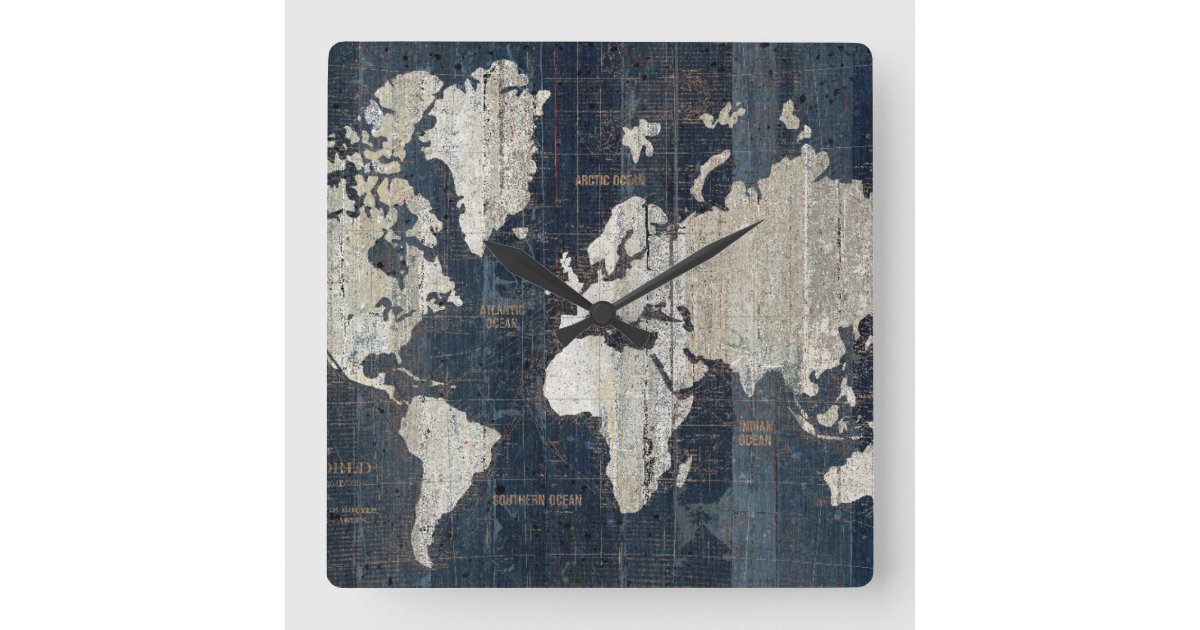 Old World Map Blue Square Wall Clock | Zazzle