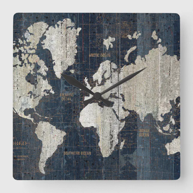 Old World Map Blue Square Wall Clock | Zazzle