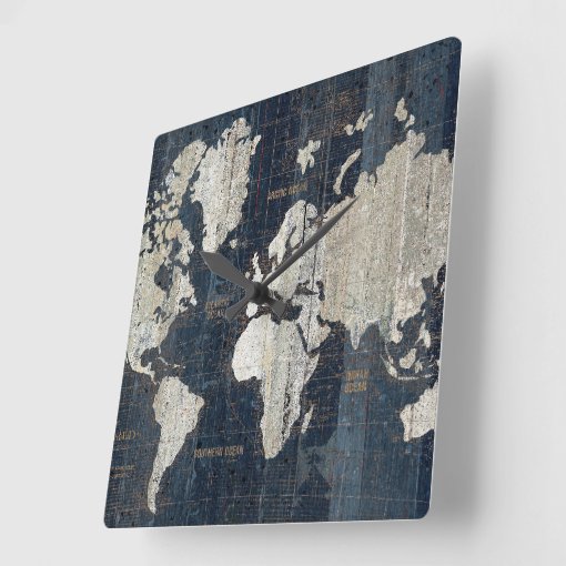Old World Map Blue Square Wall Clock | Zazzle