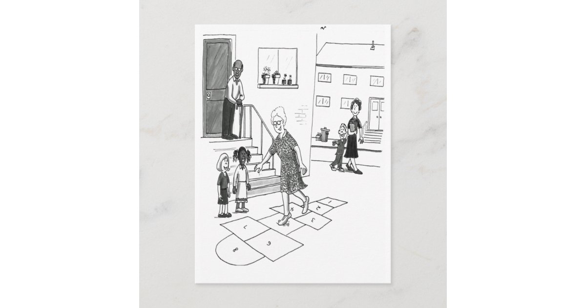 Older woman skips playing hopscotch with kids postcard | Zazzle