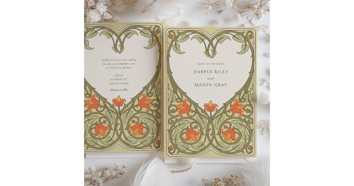 Olive & Apricot Art Nouveau Inspired Wedding Invitation | Zazzle