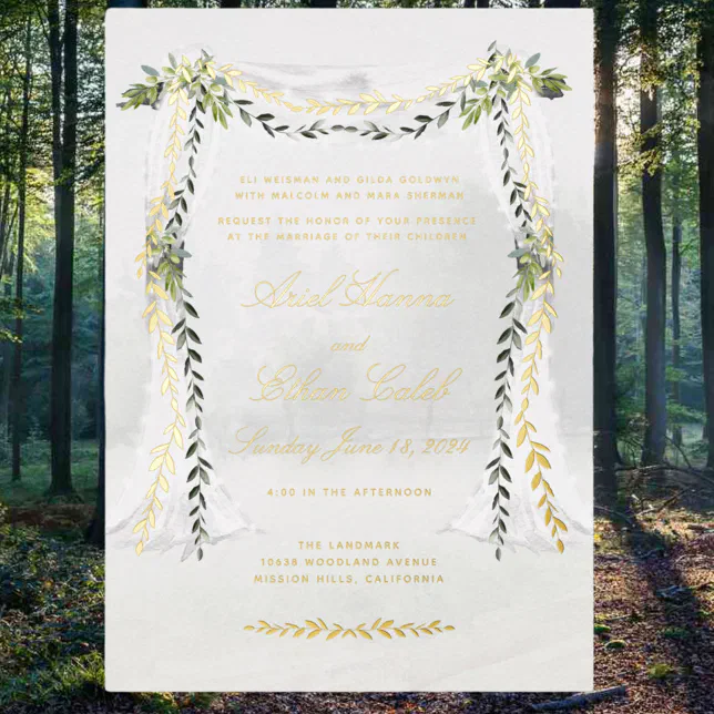 Olive Branch Chuppah Forest Wedding Gold Foil Invitation | Zazzle
