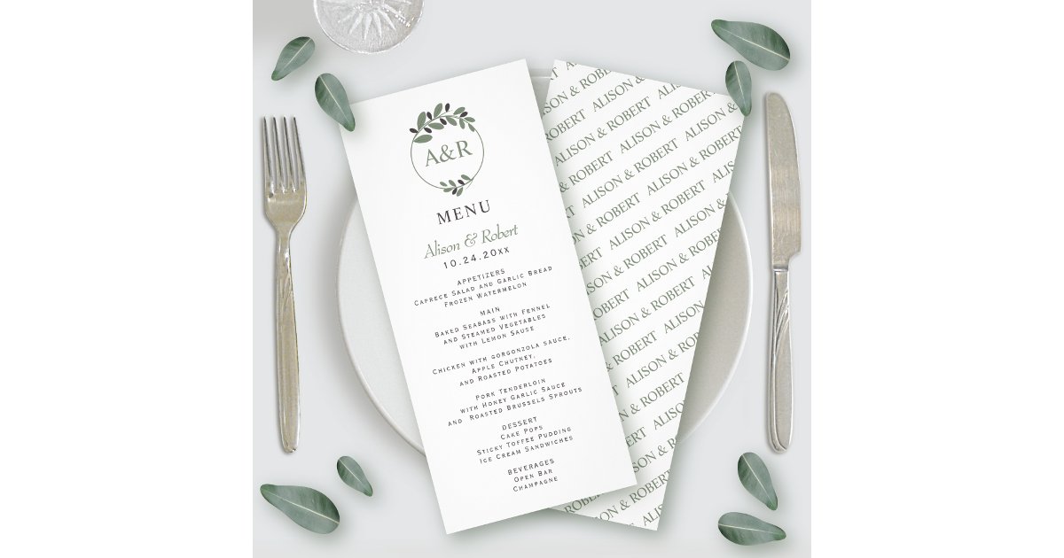 Olive branch Mediterranean wedding menu card | Zazzle