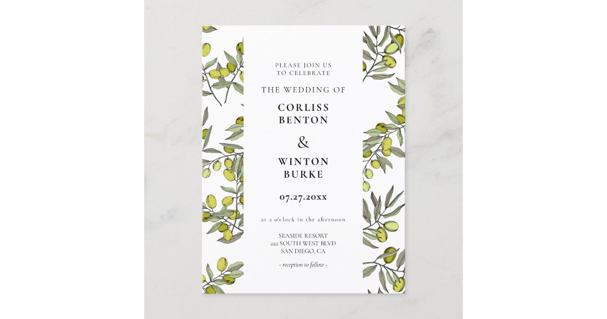 Olive branch pattern wedding invitation postcard | Zazzle