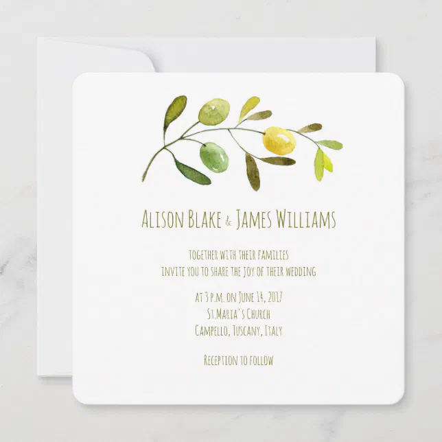 Olive Branch watercolor wedding invitation card | Zazzle