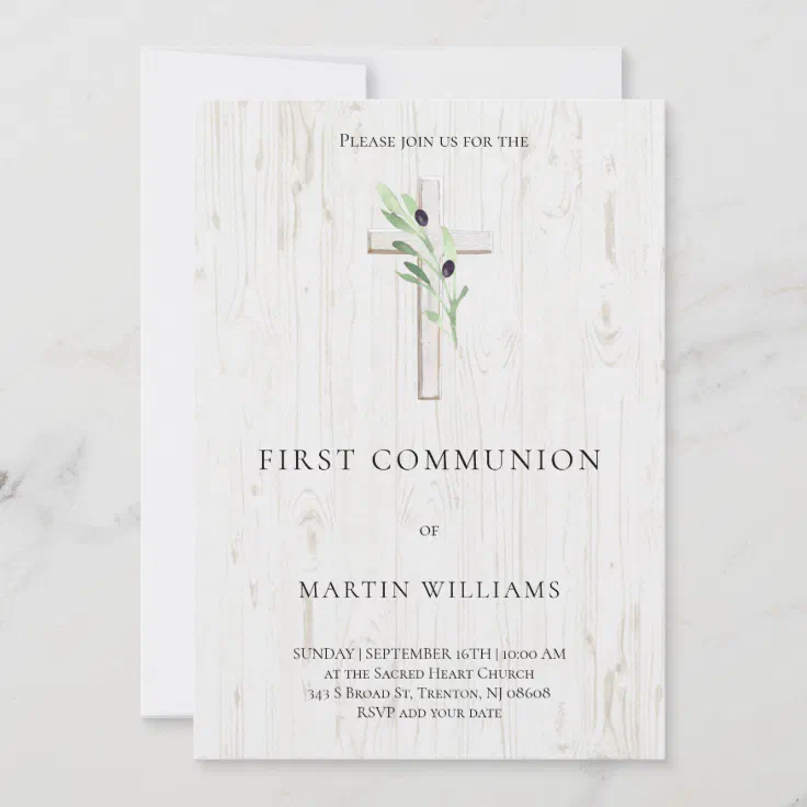Olive branch wood Cross Catholic First Communion I Invitation | Zazzle