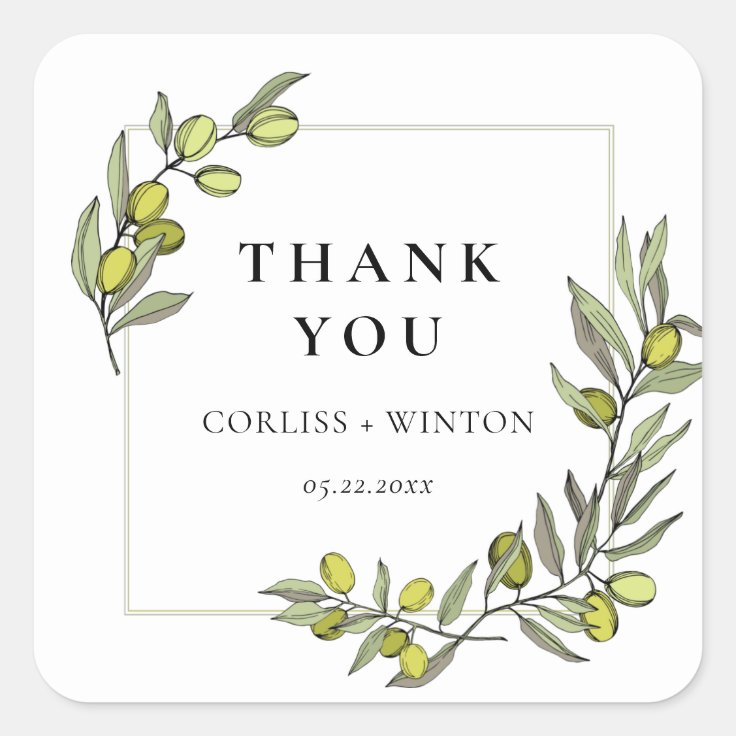 Olive branches frame wedding thank you square sticker | Zazzle