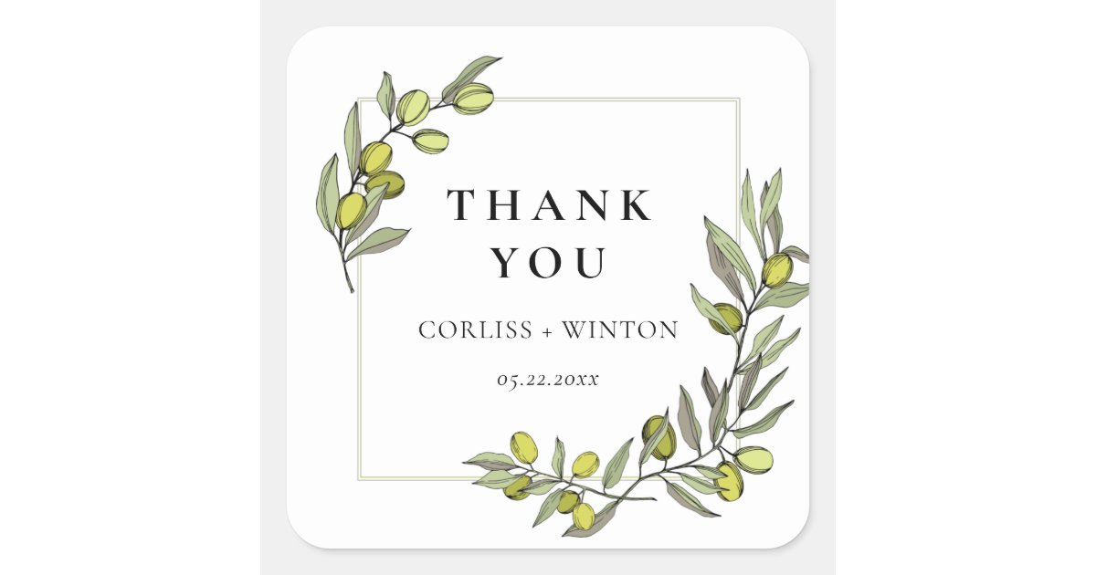 Olive branches frame wedding thank you square sticker | Zazzle