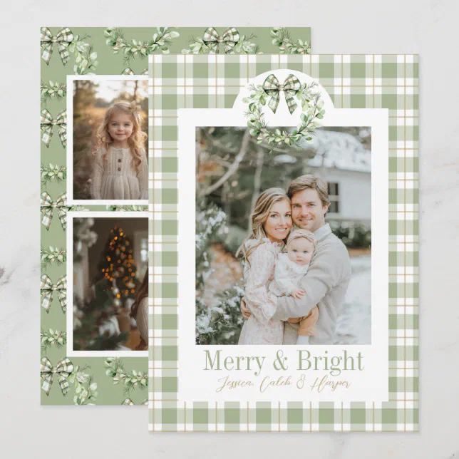 Olive Gold Plaid Wreath Preppy Bow Christmas Card | Zazzle