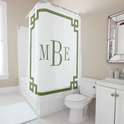 Olive Green and White Greek Key | Monogrammed Shower Curtain | Zazzle