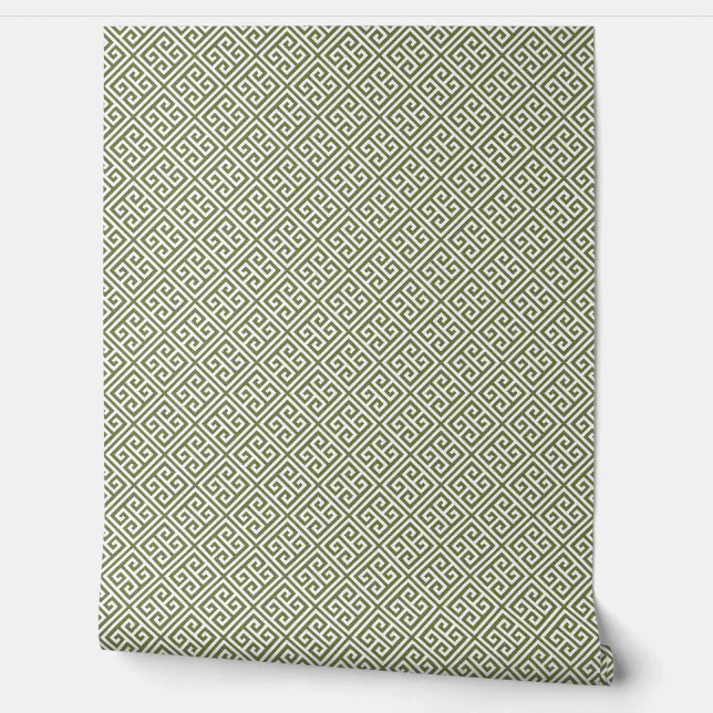 Olive Green and White Greek Key Pattern Wallpaper | Zazzle