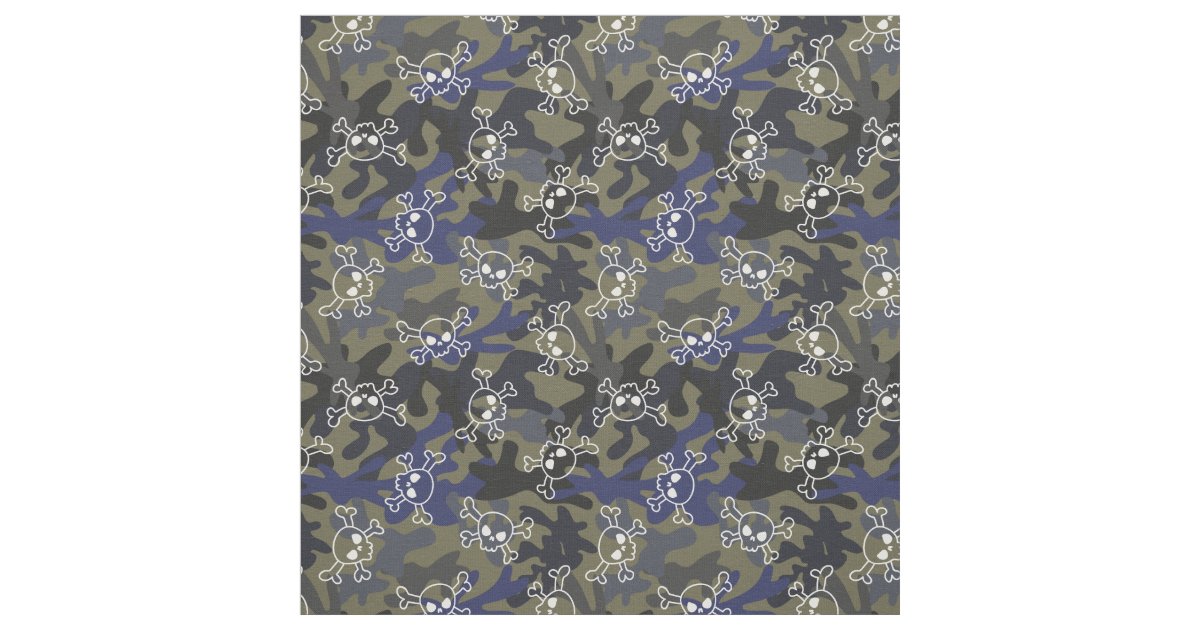 Olive Green Blue Camo Pattern Skulls Fabric | Zazzle