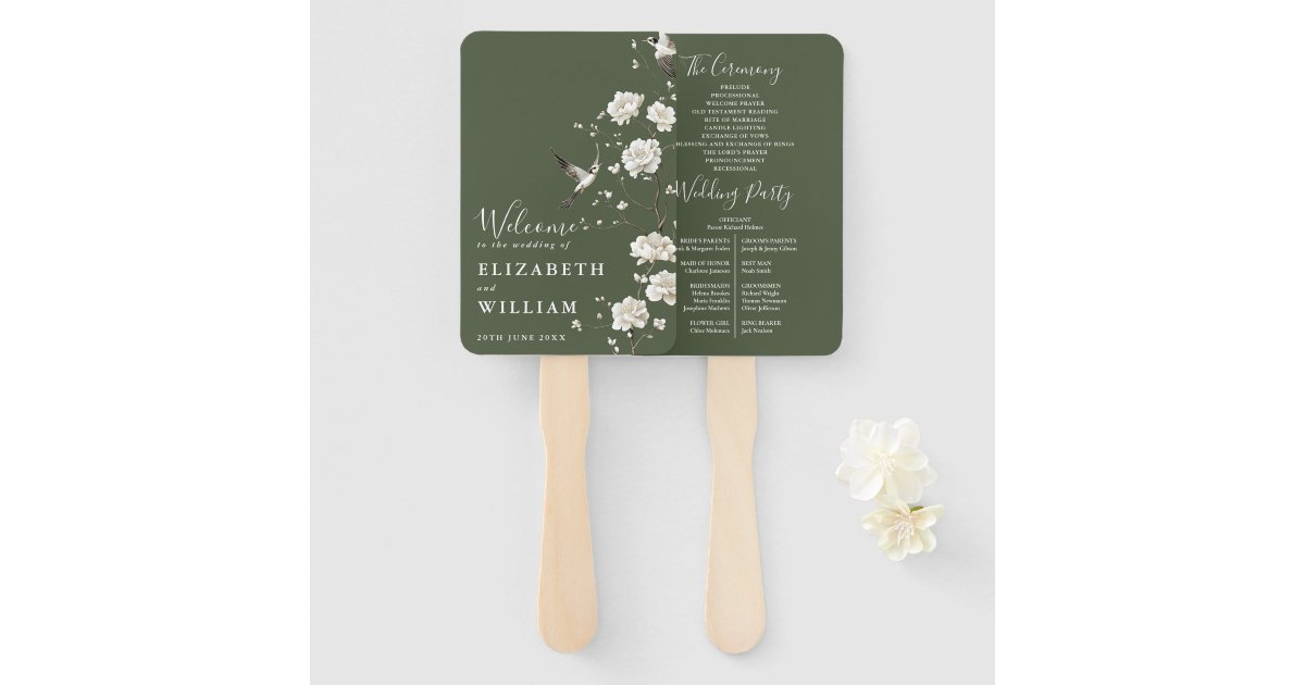 Olive Green Chinoiserie Floral Wedding Program Hand Fan | Zazzle