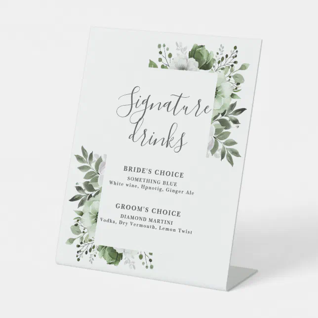 Olive Green Elegant Modern Floral Signature Drinks Pedestal Sign | Zazzle