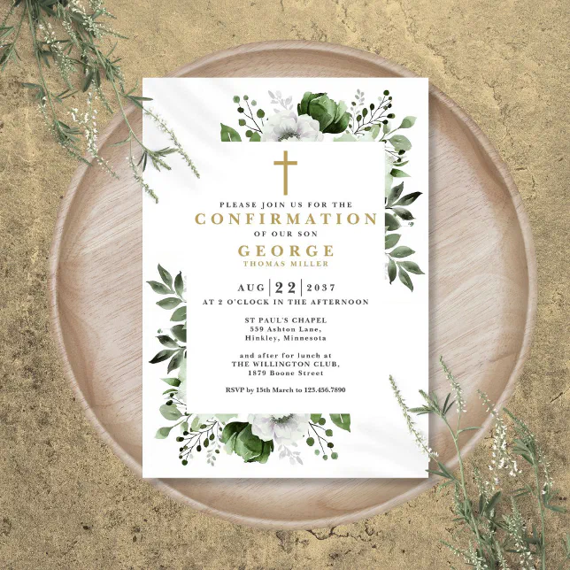 Olive Green Floral Botanical Modern Confirmation Invitation | Zazzle