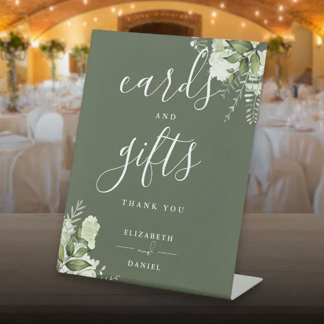 Olive Green Floral Greenery Cards And Gifts Pedestal Sign | Zazzle