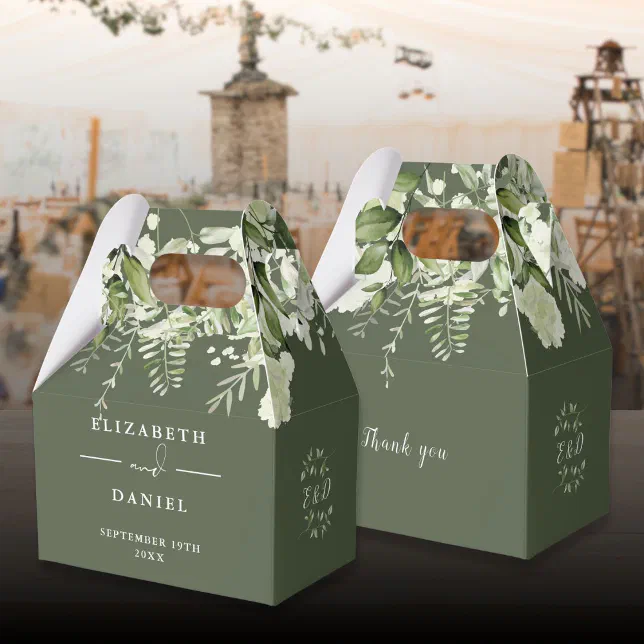 Olive Green Floral Greenery Monogram Wedding Favor Boxes | Zazzle