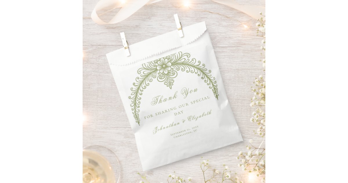 Olive Green French Flourish Arch Wedding Favor Bag | Zazzle